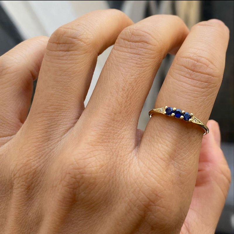 3 Blue Sapphire Art Deco Ring